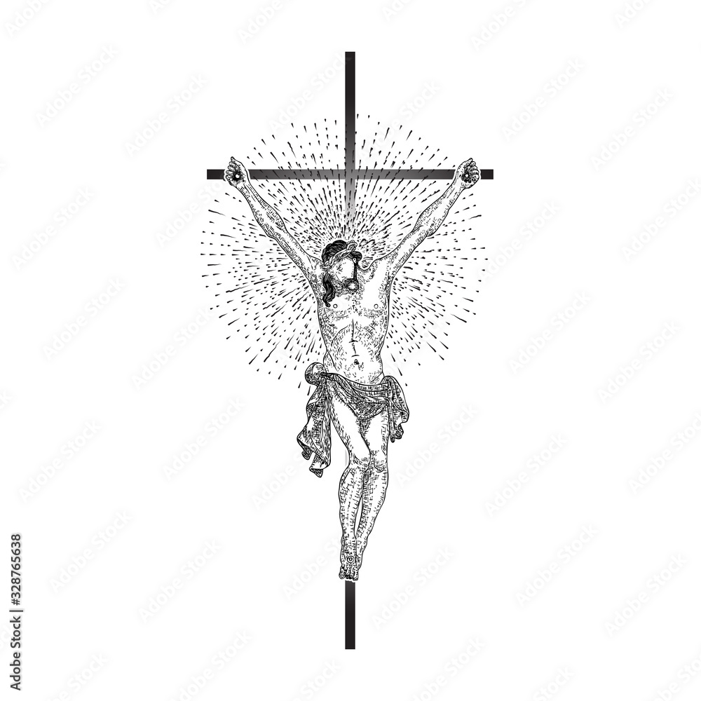 Jesus Christ on the cross with Rays of halo light and beams, symbol of ...