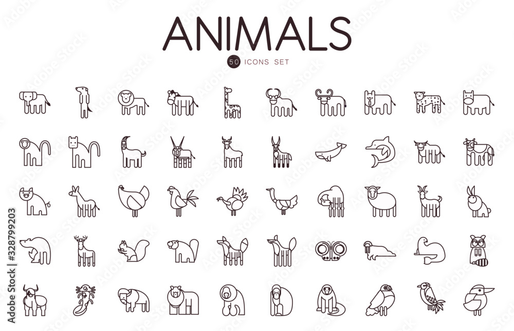 50 cute animals cartoons line style icon set vector design Stock Vector ...