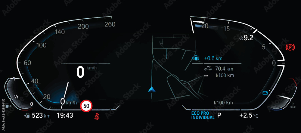 Illustration of full digital instrument cluster with navigation screen ...