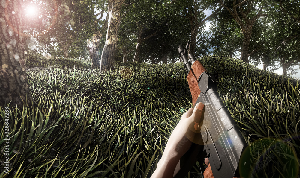 Realistic first person shooter war game screenshot concept - man ...