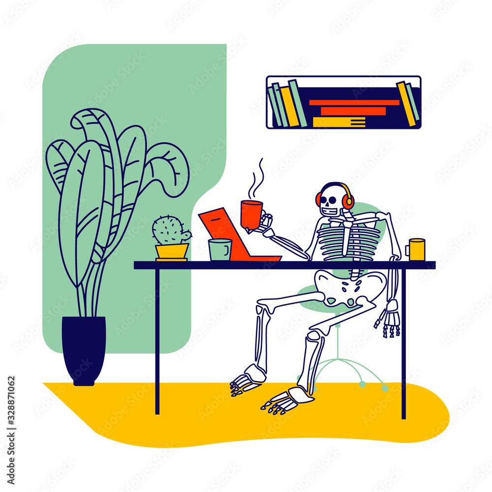 Skeleton Character Wearing Headset Sitting at Office Desk with Coffee ...