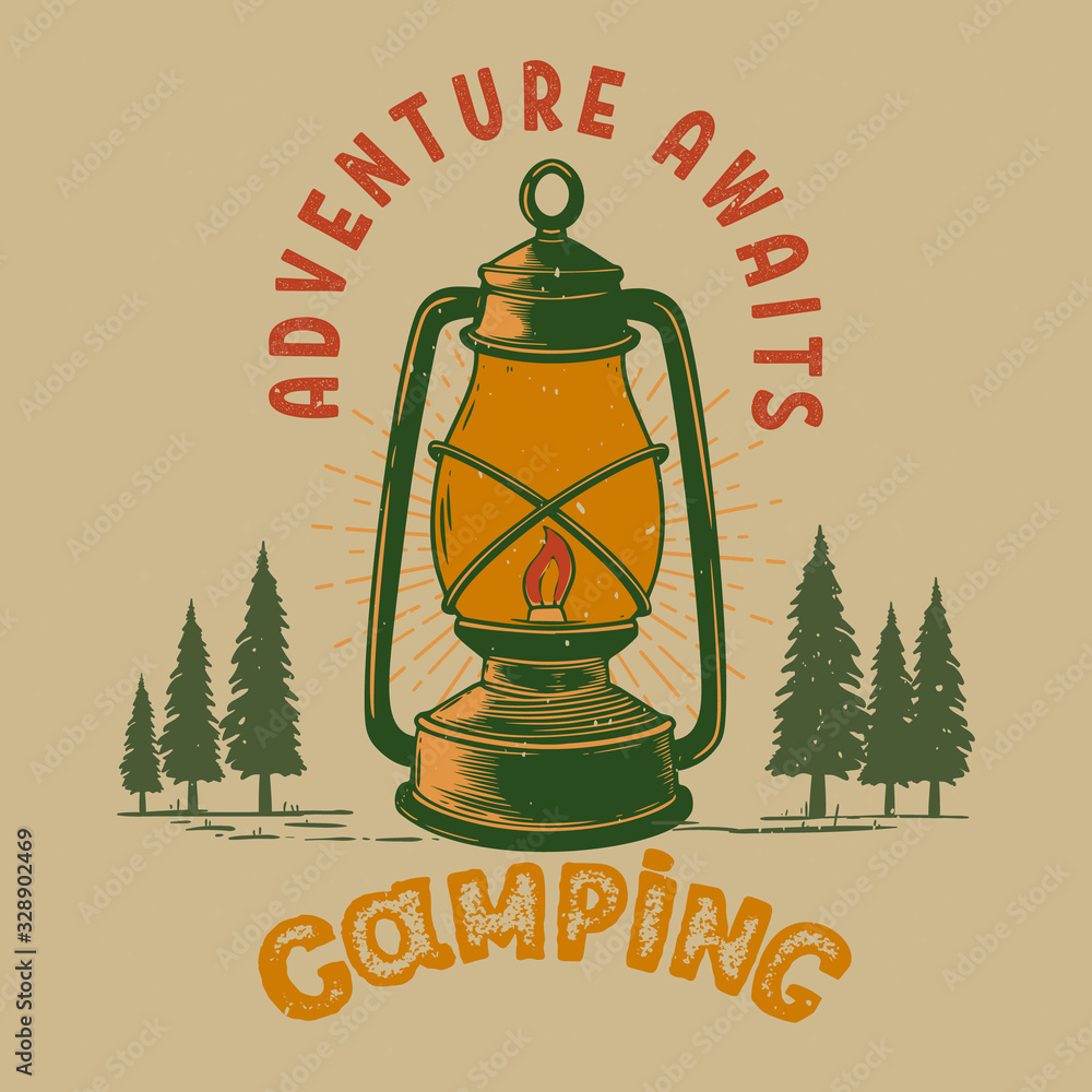 Camping. Adventure awaits. Vintage design with forest silhouettes and ...