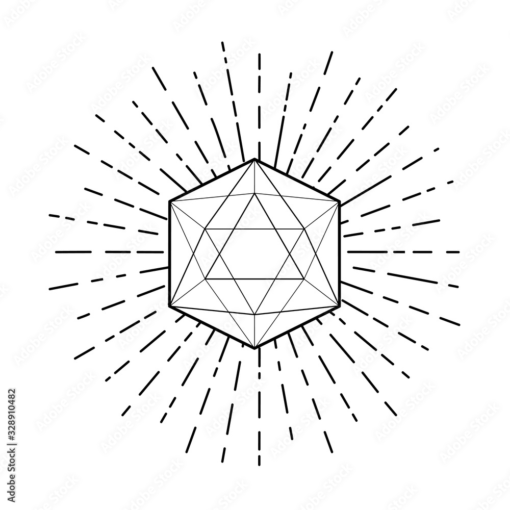 Sacred geometry. Icosahedron line drawing with rays, platonic solid ...