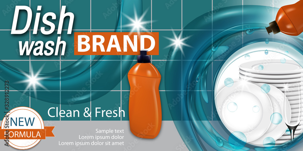 Dish washing liquid products with plates and wineglass. Package design ...