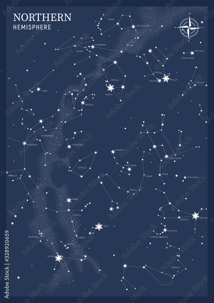 Northern hemisphere. High detailed star map of vector constellations ...