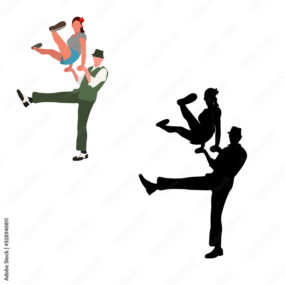 Dancing couples silhouettes on white background. People in 1940s or ...