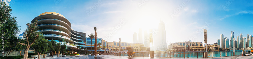 Dubai Mall, pool with famous fountains and buildings around, downtown ...