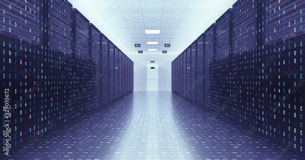 Server Racks In a Modern Data Center. Camera Slowly Moving Forward ...