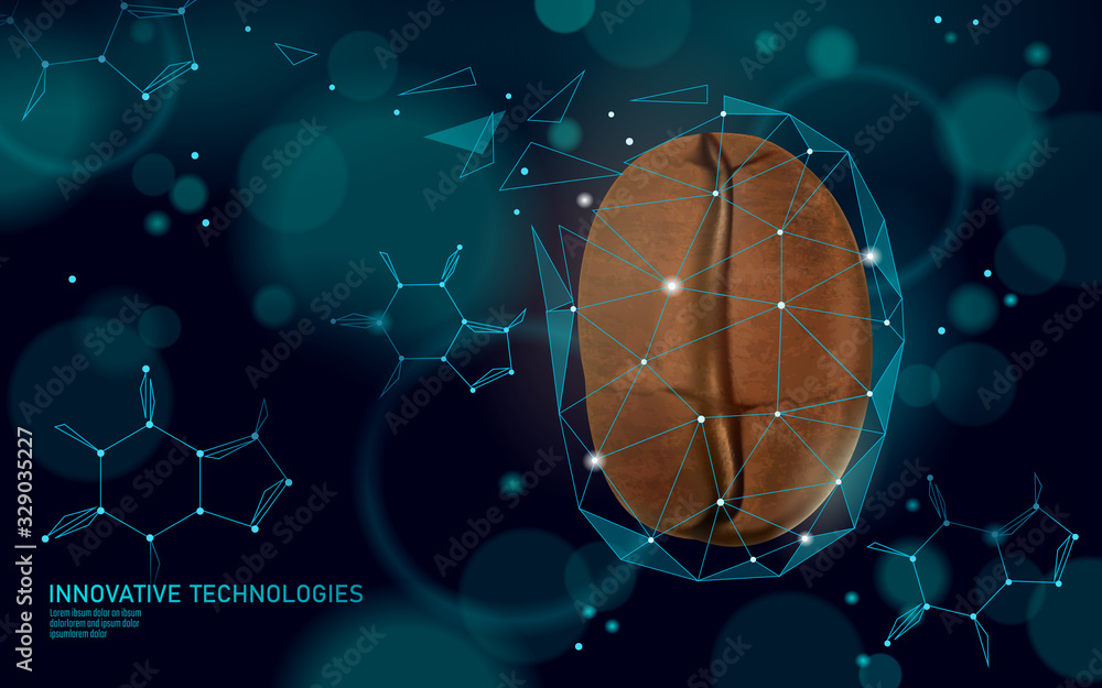 3D coffee bean realistic caffeine molecule. Low poly modern cafe ...