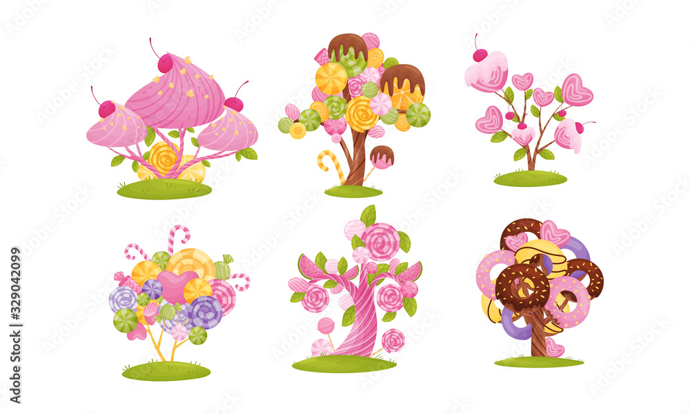 Cartoon Sweet Candy Trees Isolated on White Background Vector Set Stock ...