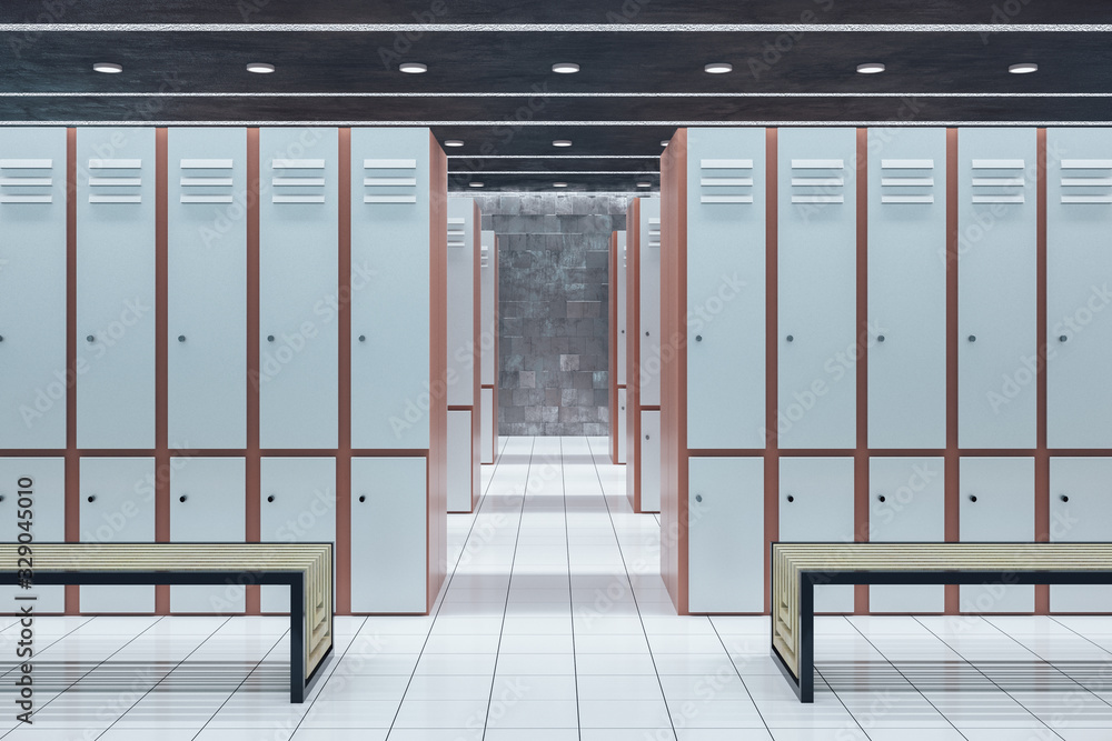 Contemporary locker room interior with bench. Stock Photo | Adobe Stock