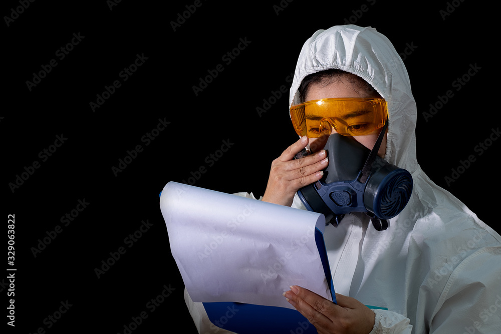 Woman hold report file folder in white chemical protective clothing and ...