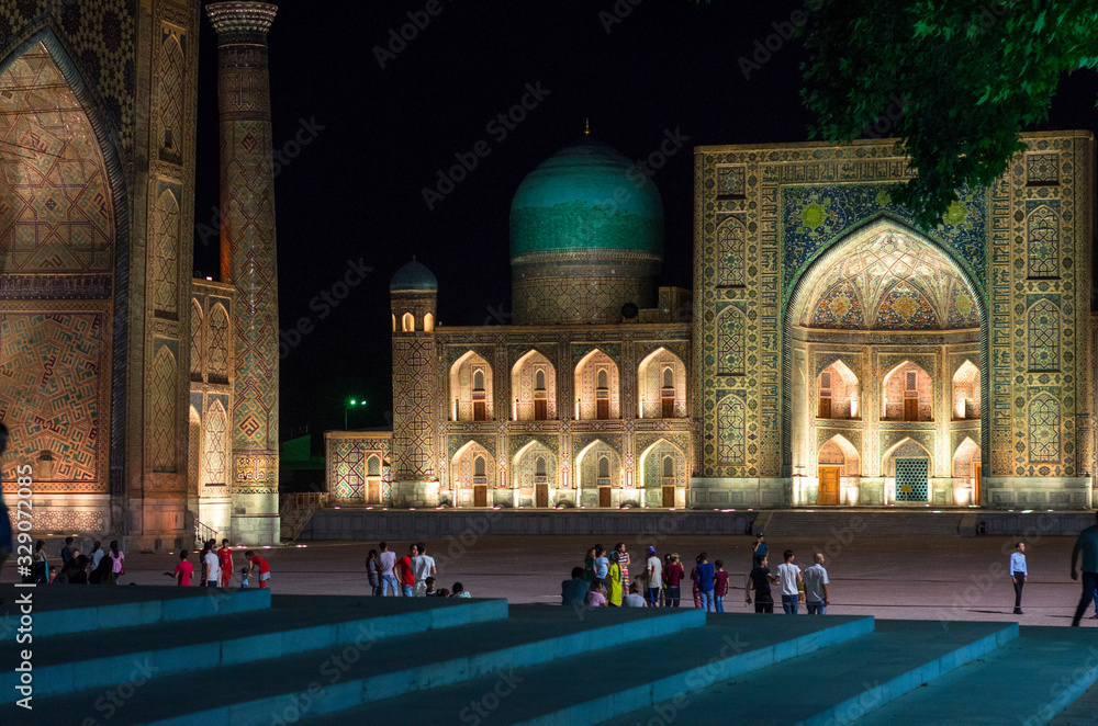 Tillya-Kori Madrasah. Complex of Registan mosques with night ...