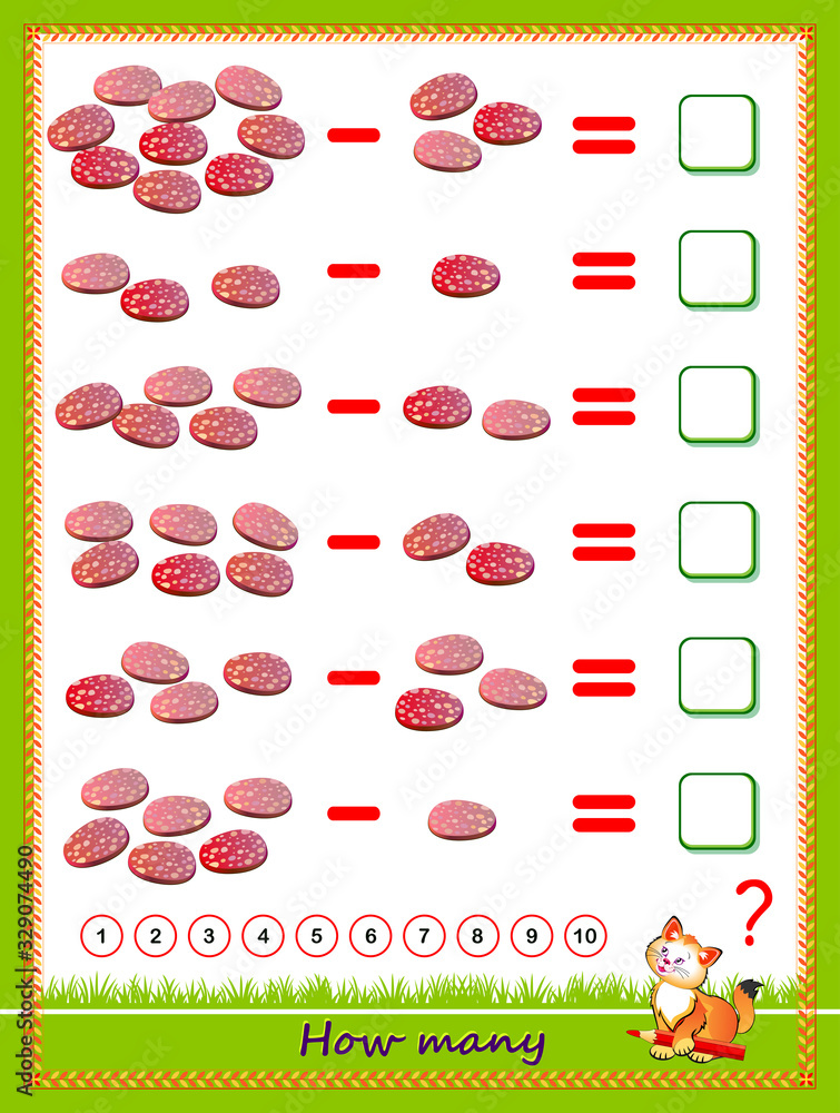 Educational page for children on subtraction. Solve examples, count the ...