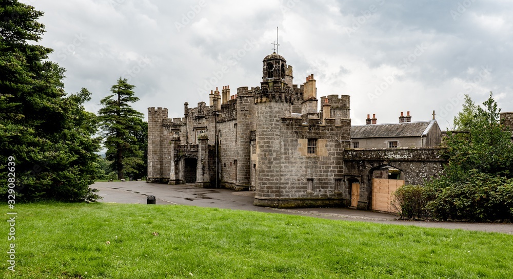 The medieval Balloch Castle in Scotland built on a hill in the 19th ...