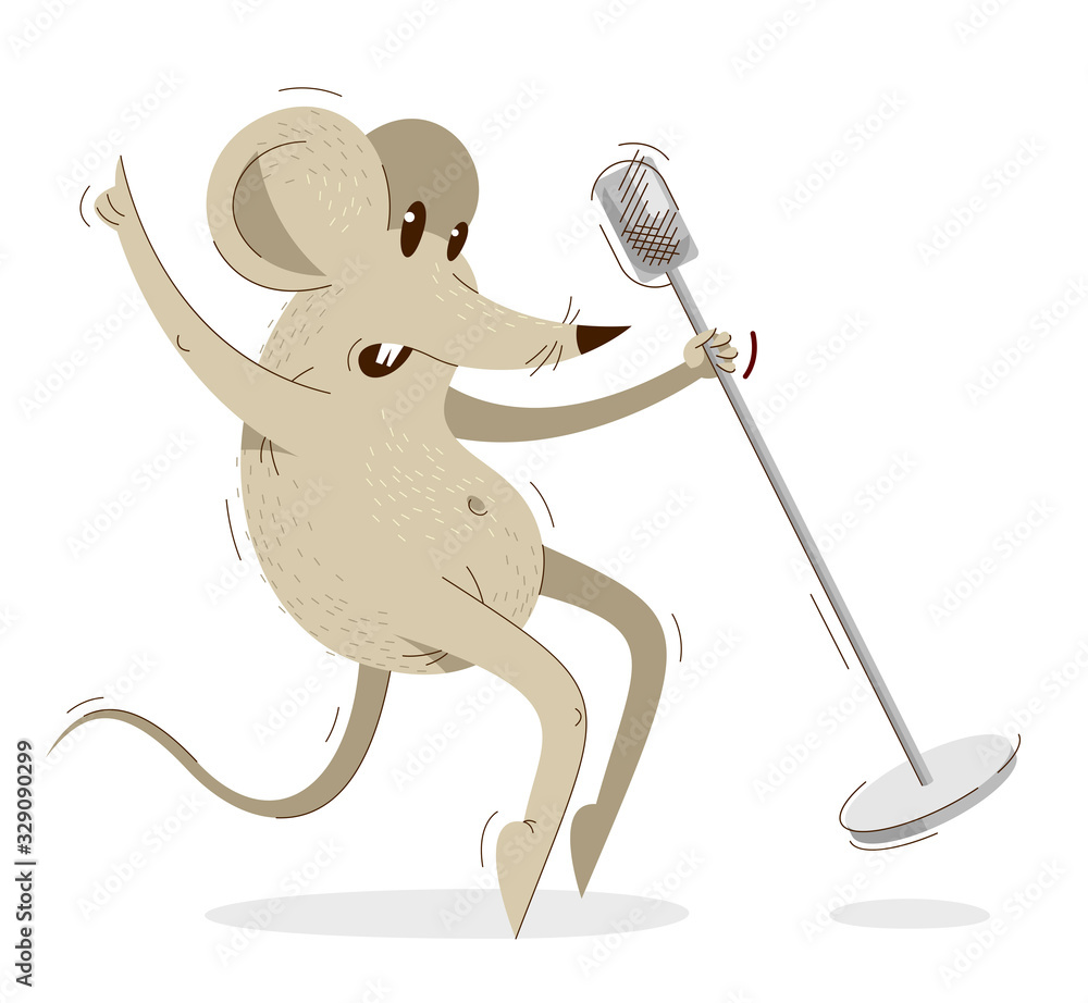 Funny cartoon mouse singing with microphone like a rock or pop star ...