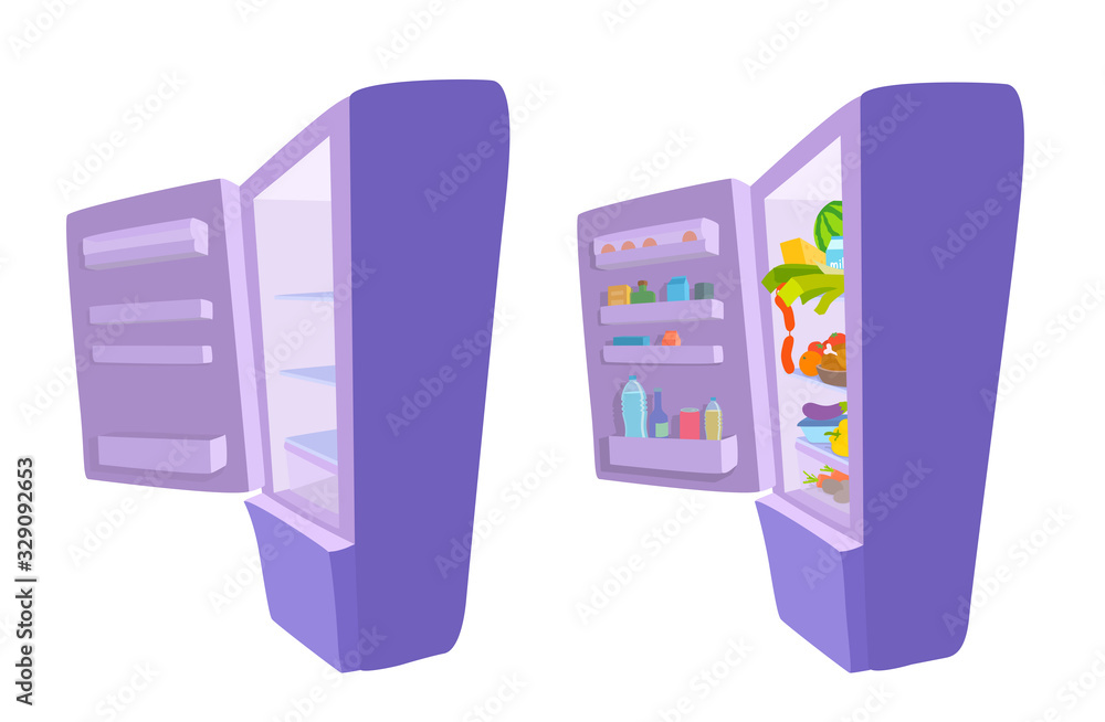 An empty and full refrigerator with the door open, side view. Fridge ...