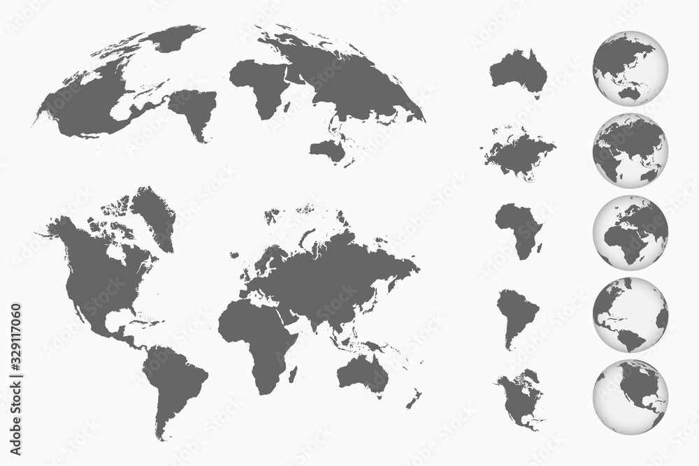 World map set. Earth globes from different sides, maps of continents ...