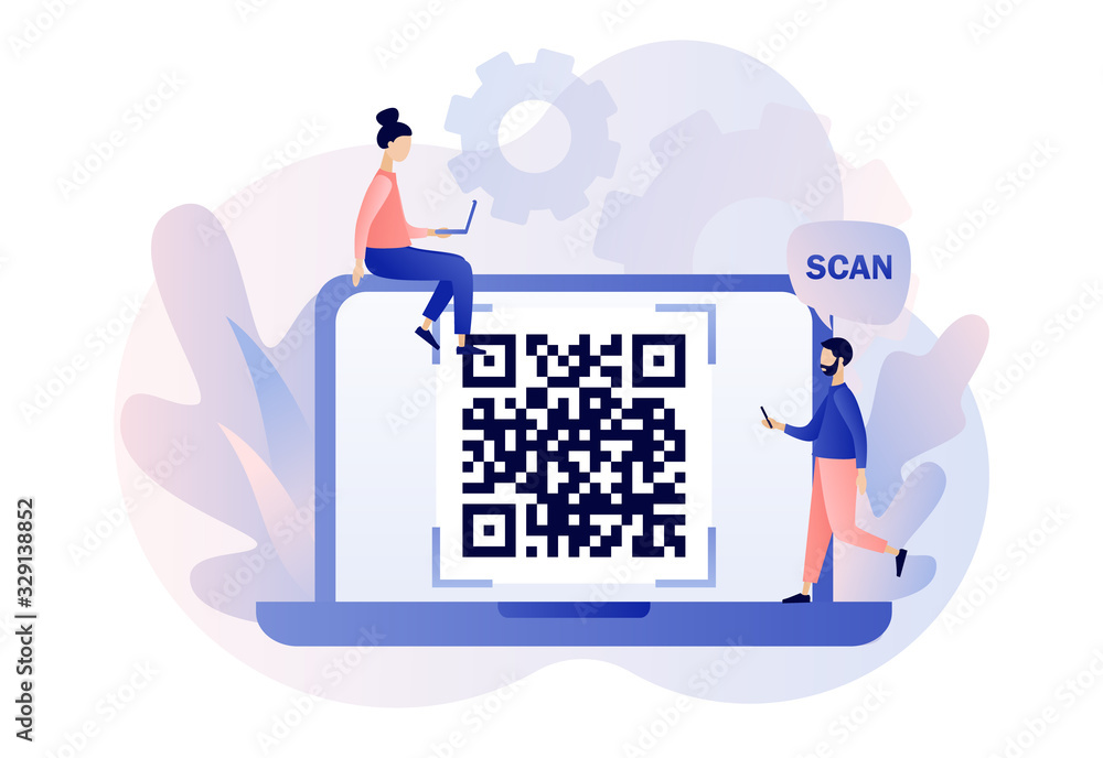 QR Code scanning concept. Tiny people scan code using smartphone ...