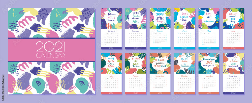 vector calendar for 2021. Editable and printable template with bright ...
