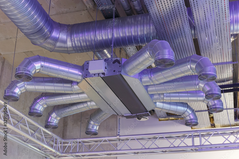Industrial ventilation system ducts and pipes and electrical ...