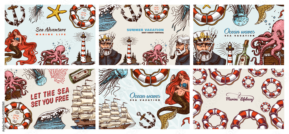 Nautical Posters set. Sea banners or backgrounds. Lighthouse, mermaid ...
