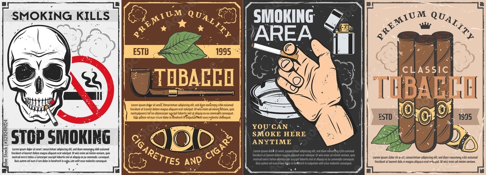 Tobacco and smoking items retro posters. Vector cigars, pipe with ...