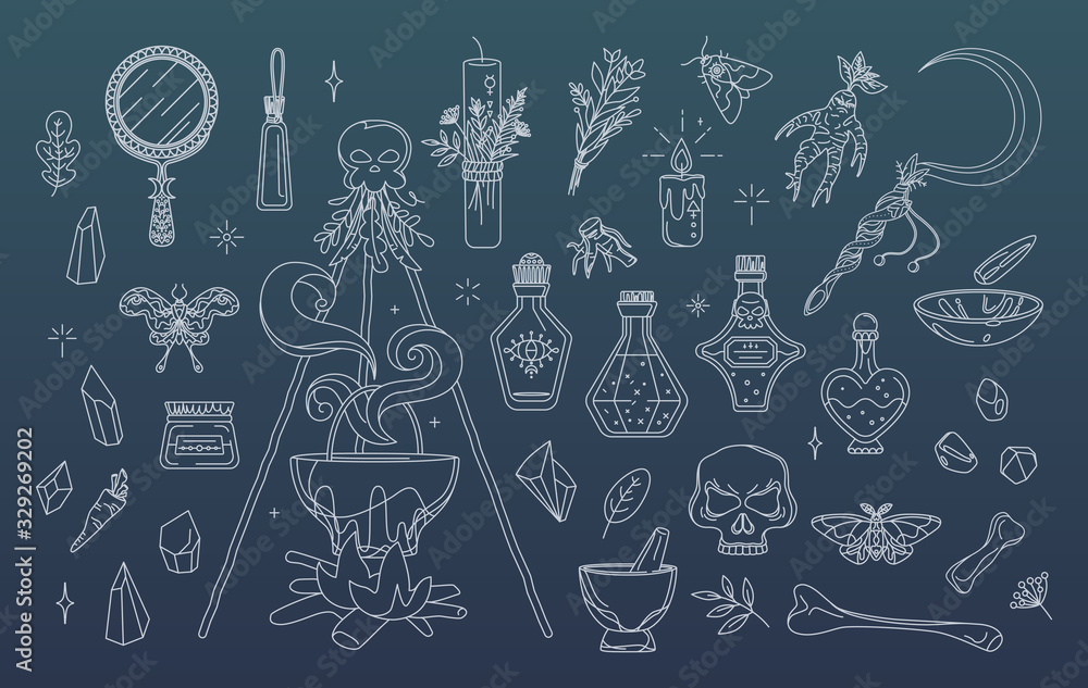 Vetor Wicca, pagan and herbal medicine collection. Isolated witchcraft ...
