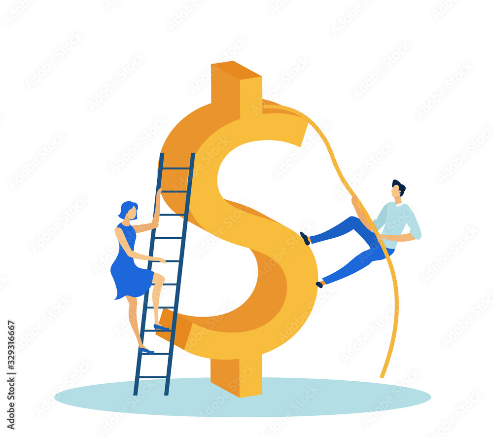 Business Man and Woman Climbing Dollar Sign Using Ladder or Rope Flat ...