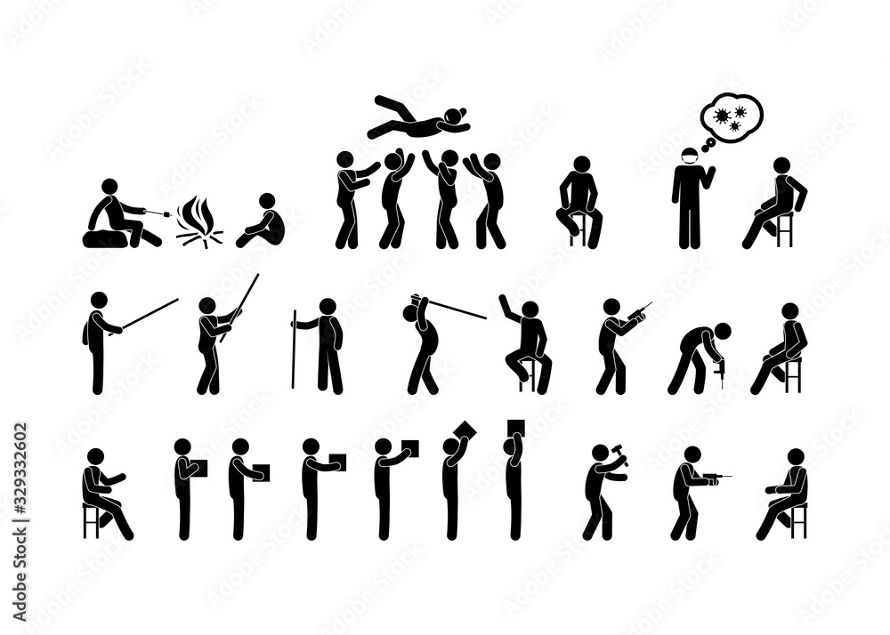 Ilustración de Stock stick figure man various poses, stickman icon set ...