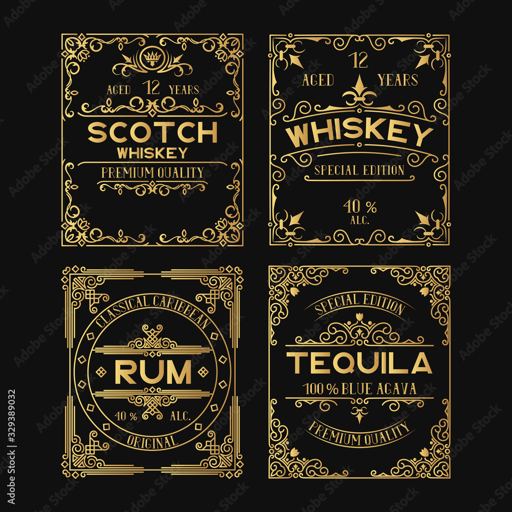 Vintage golden ornate labels set with lettering for pub. Hand drawn ...