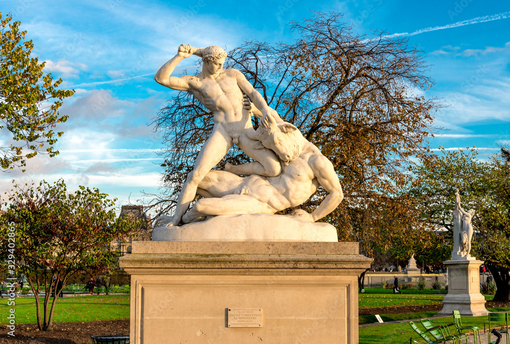 An antique statue of Theseus fighting with Minotaur in the Tuileries ...