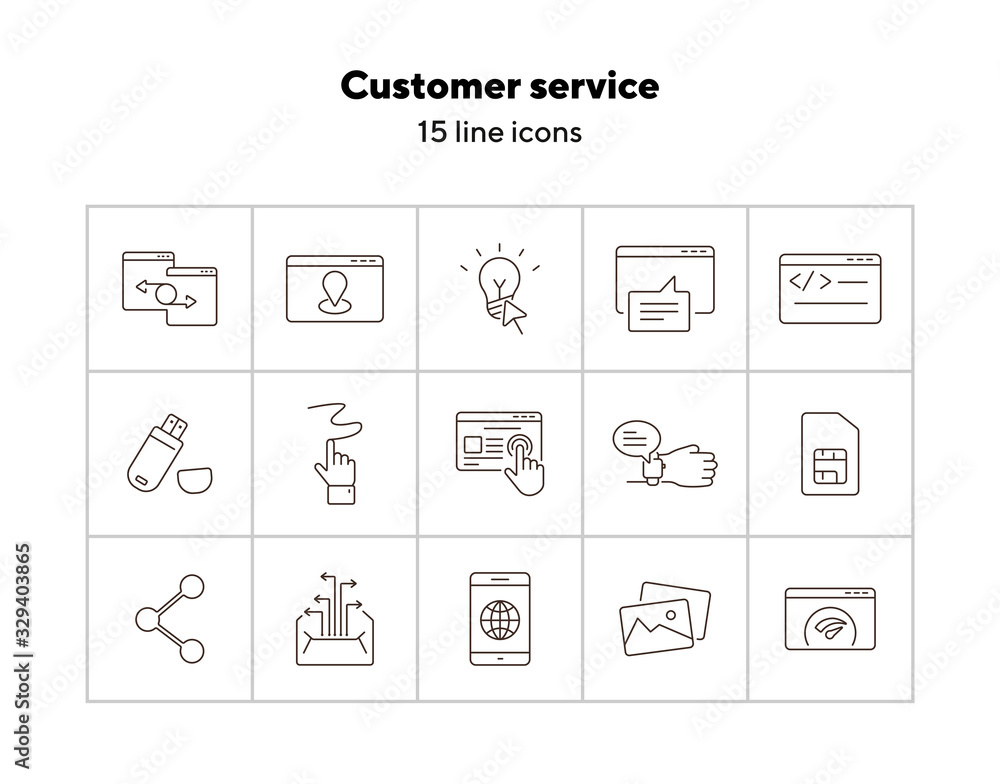 Customer service icons. Set of line icons. Social media, smartwatch ...