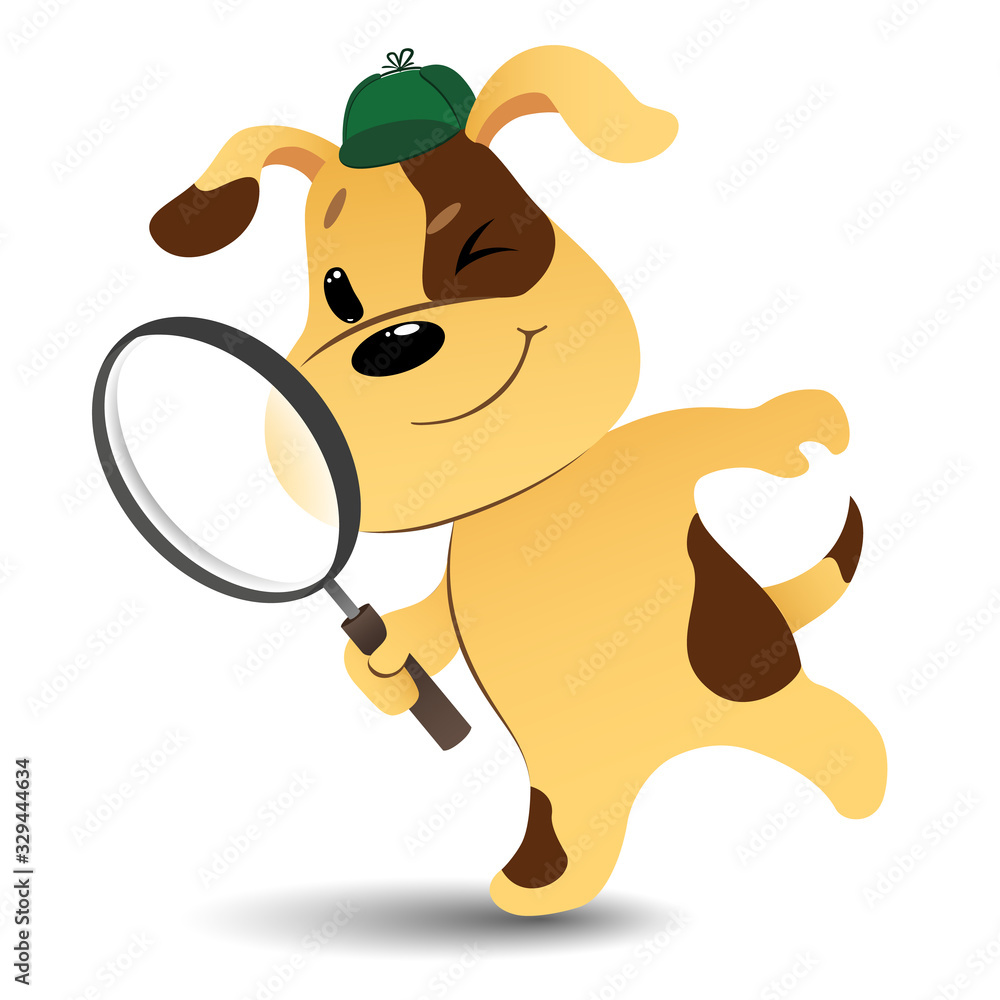 funny cartoon detective dog looking for items with a magnifying glass ...