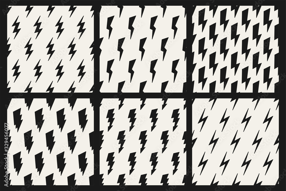 Set of vector monochrome simple seamless thunderbolt patterns. Trendy ...