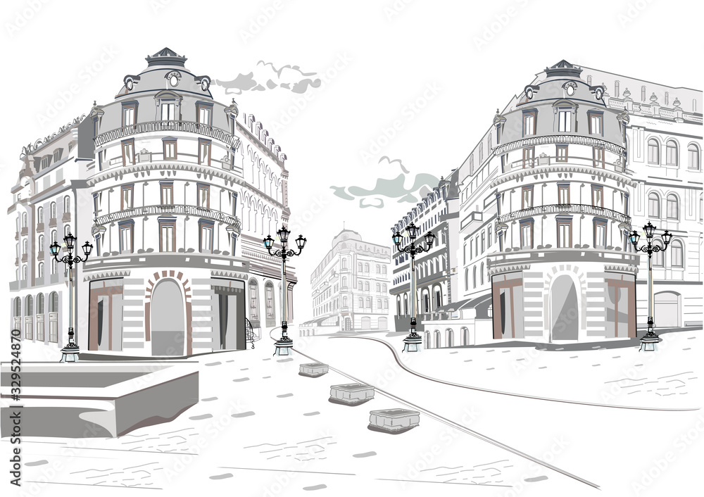 Series of street views in the old city. Hand drawn vector architectural ...