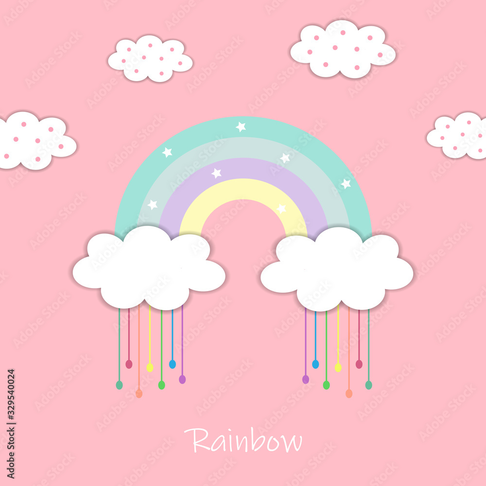 Cute rainbow and white clouds with colorful water droplets isolated on ...