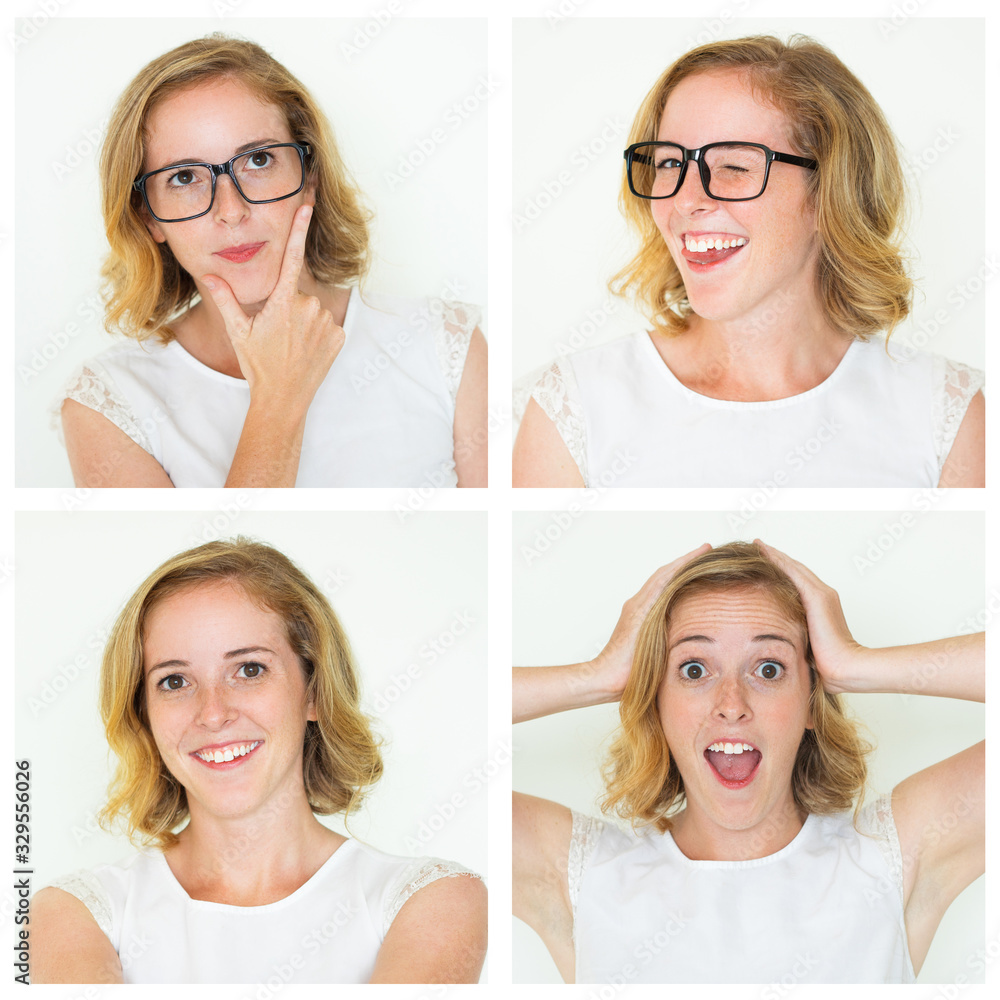 Blonde young student girl portrait set with different gestures and ...