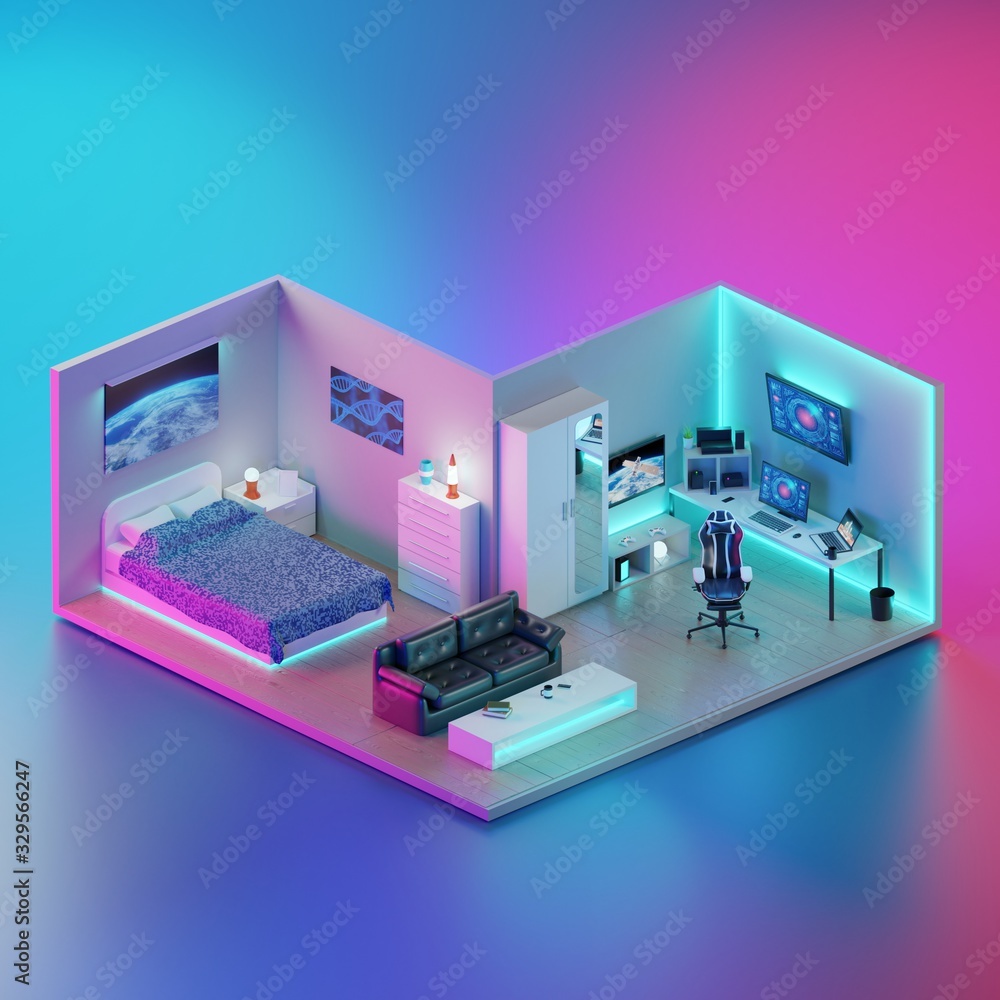 Gaming room design. Interior gamer house with neon light and bedroom ...