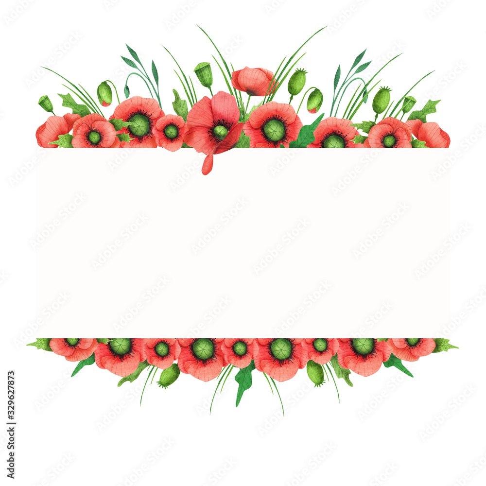 Hand drawn watercolor poppies frame isolated on white background. Stock ...