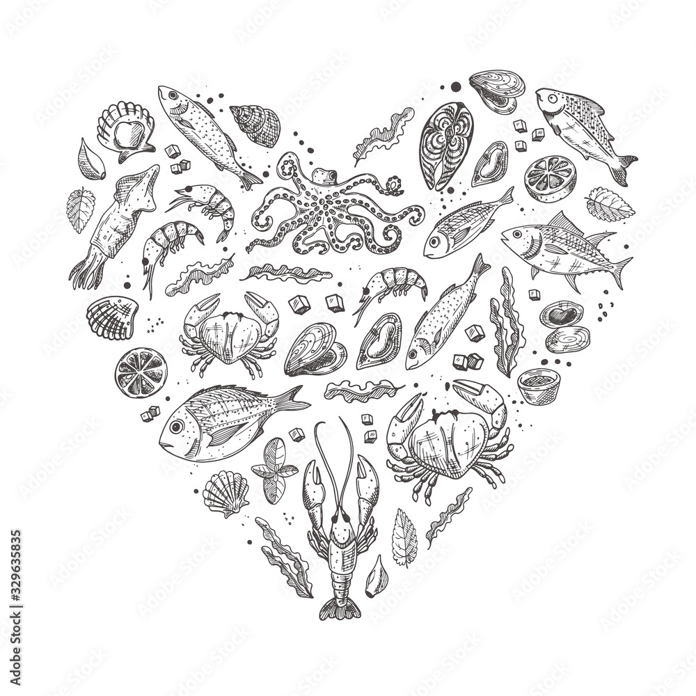 Seafood in the shape of a heart. Hand drawn vector illustration ...