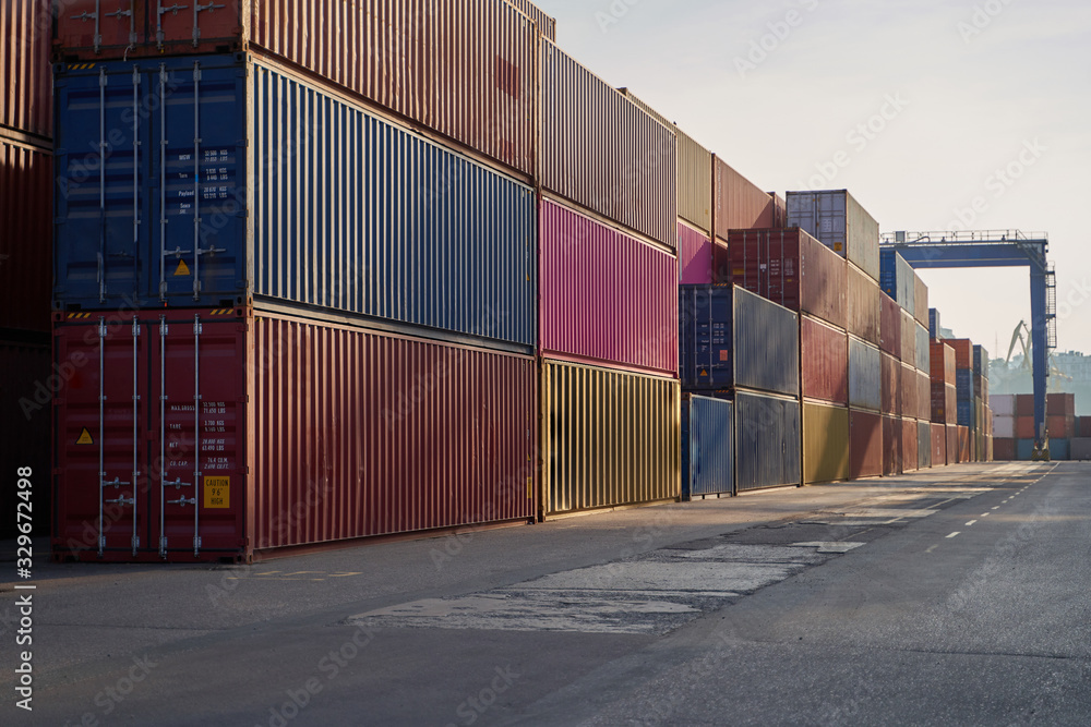 industrial port with containers. Container stacks at sea port container ...