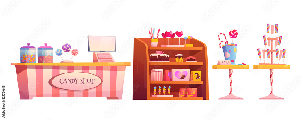 Candy shop empty interior furniture set with various pastry, cashier ...