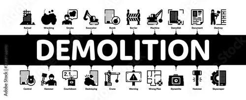 Demolition Building Minimal Infographic Web Banner Vector. Crane With ...