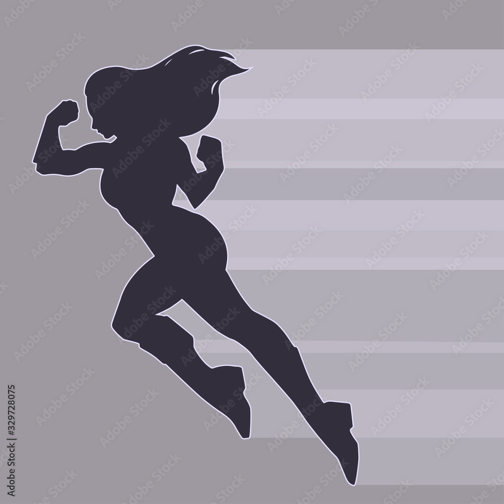 Graphic illustration of a mighty powerful super hero woman running fast ...