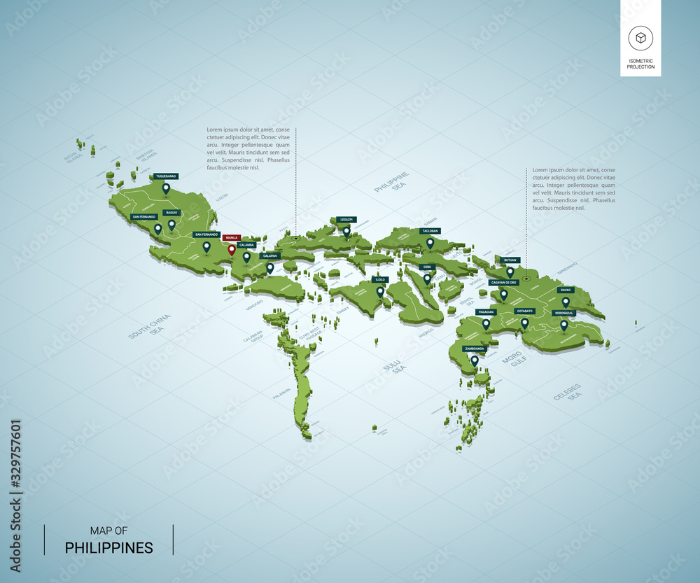Stylized map of Philippines. Isometric 3D green map with cities ...