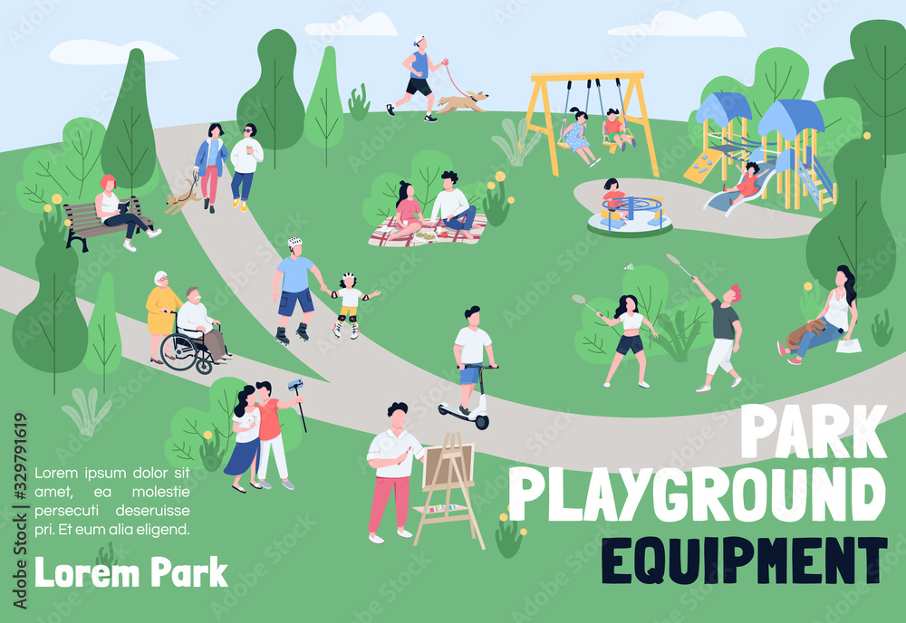 Vetor Park playground equipment banner flat vector template. Brochure, poster concept design ...