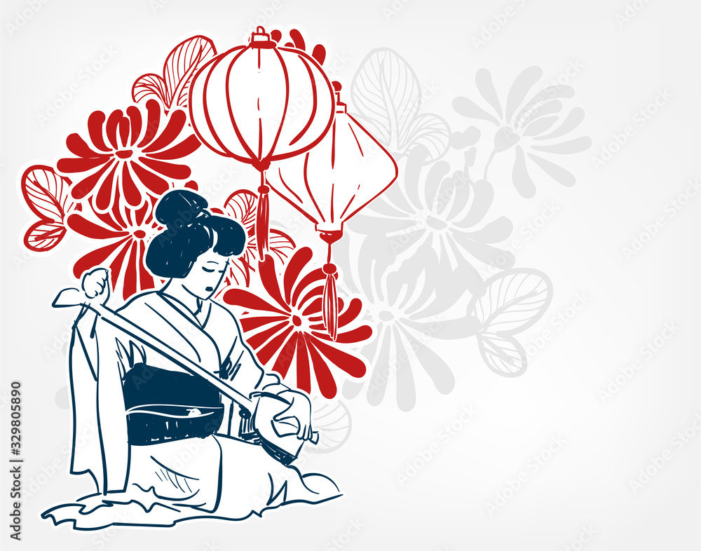 kokyu japanese vector sketch illustration engraved chinese musical ...