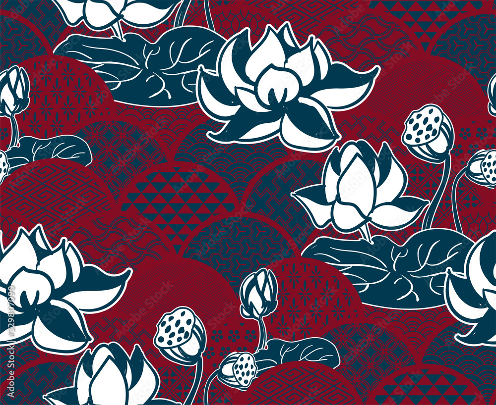 water lily traditional kimono pattern vector sketch illustration line ...
