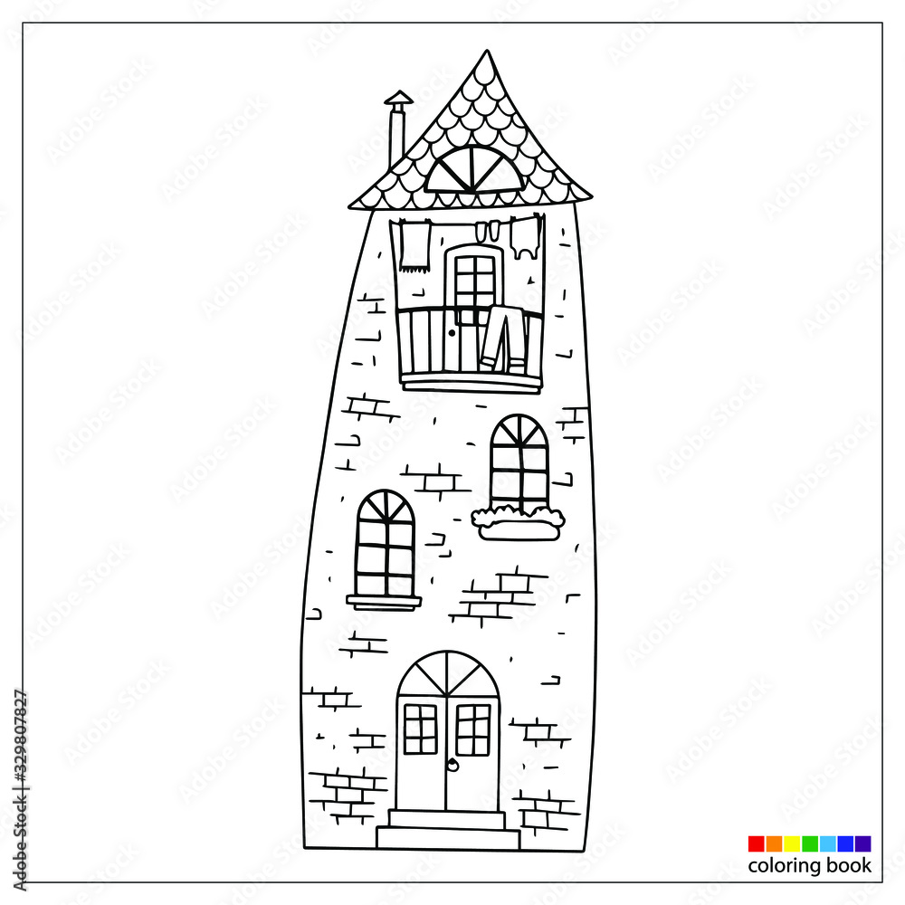 Linear drawing of a fairy-tale house, for printing, coloring, and other ...